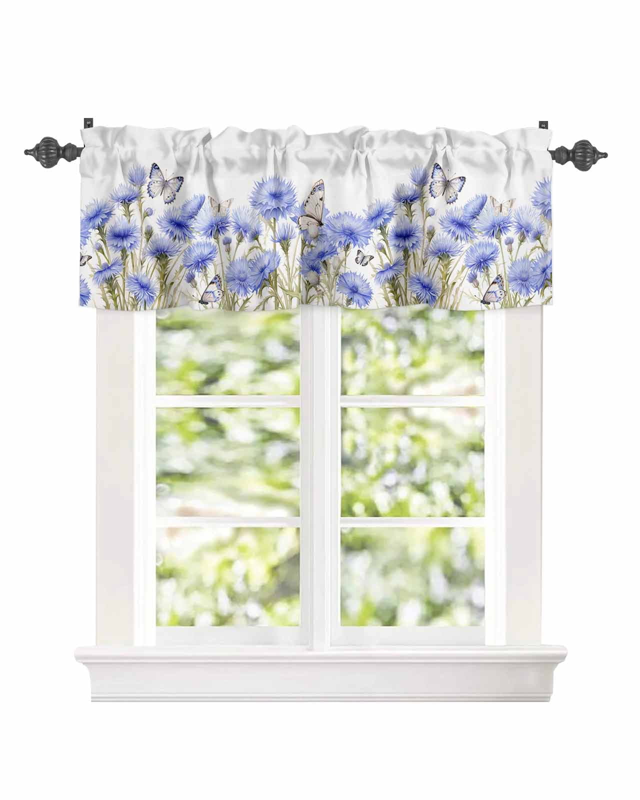 Romantic Blue Cornflower with Butterfly Window Valances for Kitchen,Rod ...