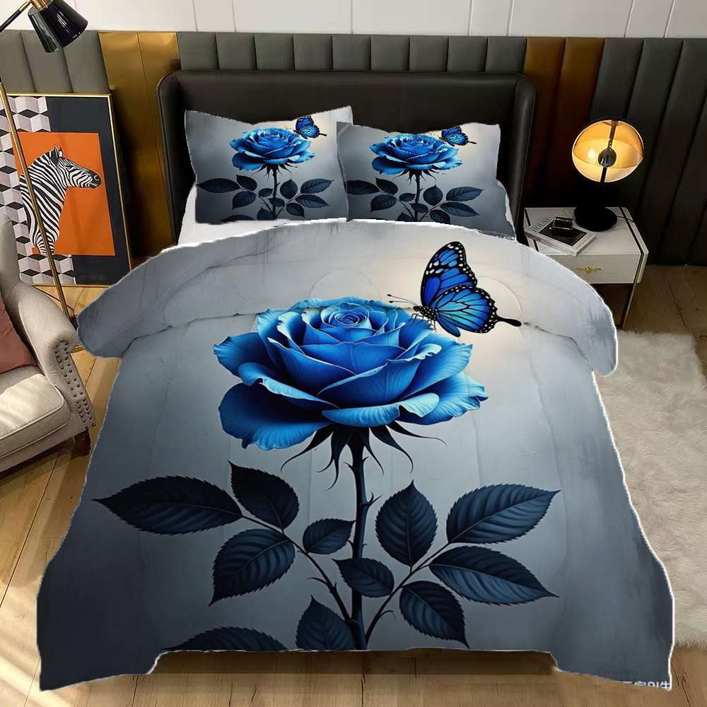 Romantic Blue Rose Butterfly Grey Comforter Set Queen Size Bedding Set ...