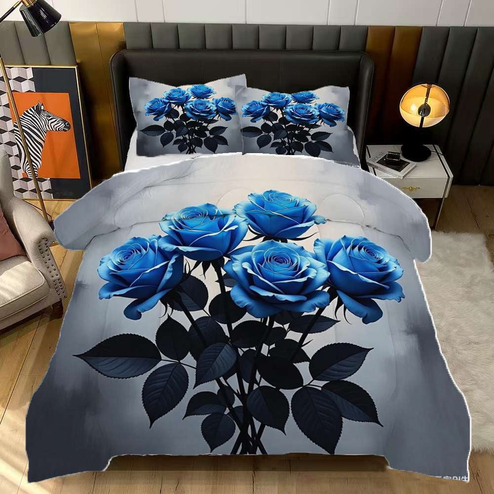 Romantic Blue Rose Butterfly White And Grey Comforter Set Full Size ...