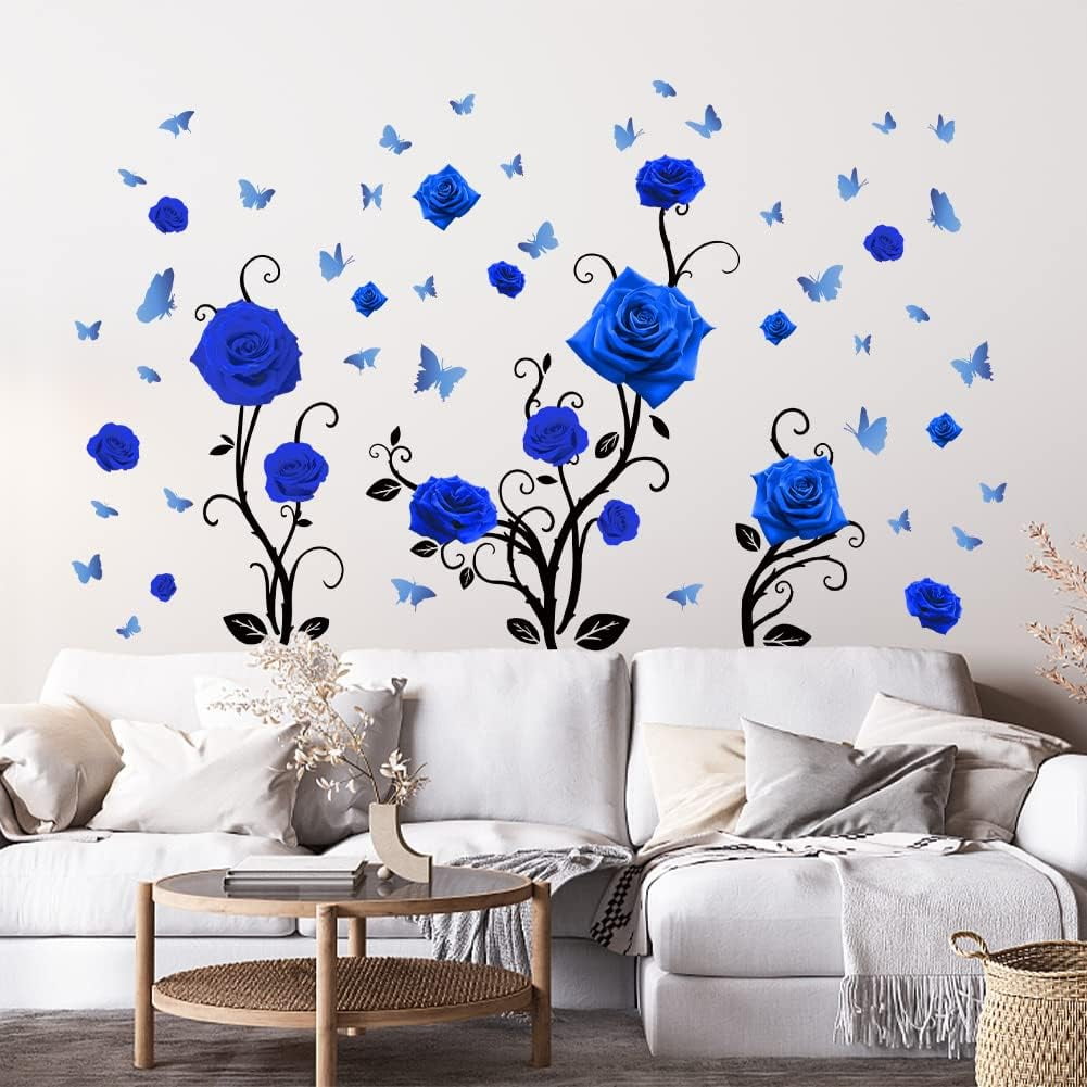 Romantic Blue Rose Wall Stickers Blue Butterfly Wall Decals Black ...