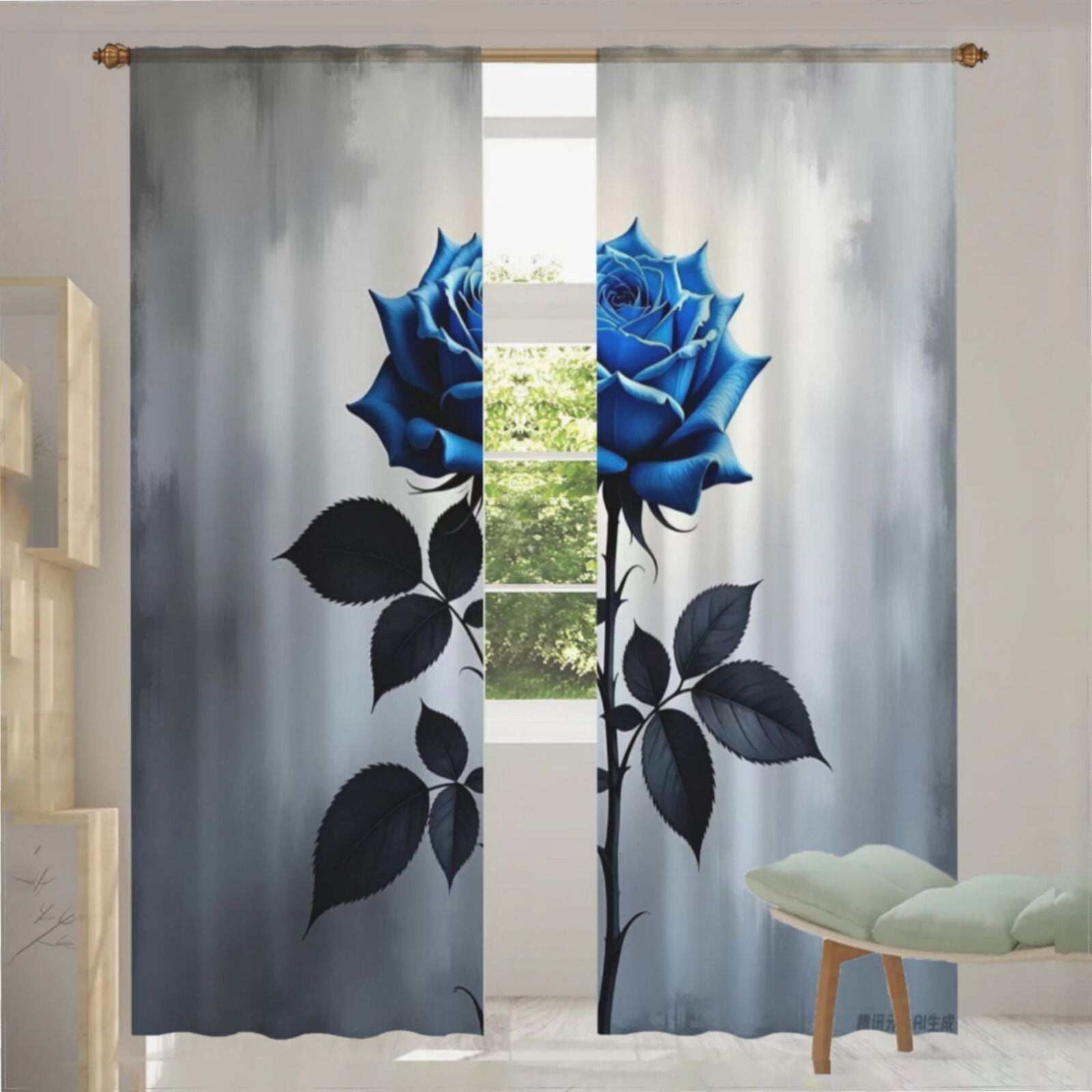 Romantic Blue Rose Window Tulle Curtains for Living Room Kitchen Modern ...