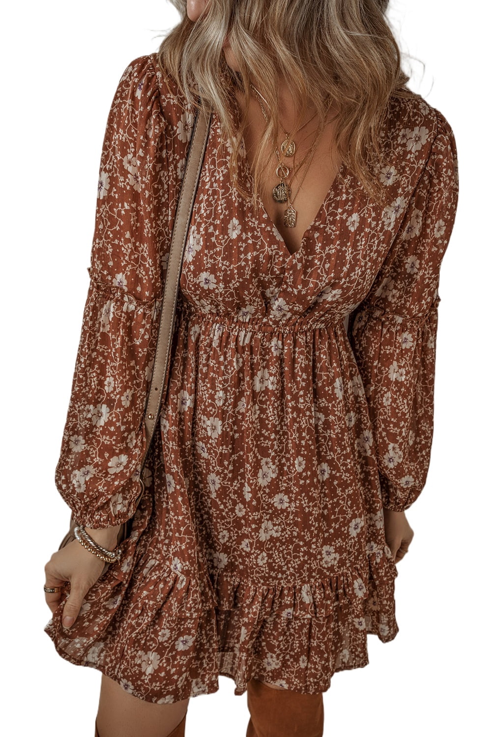 Romantic Boho Style: Brown Floral Mini Dress with Ruffled Puff Sleeves ...