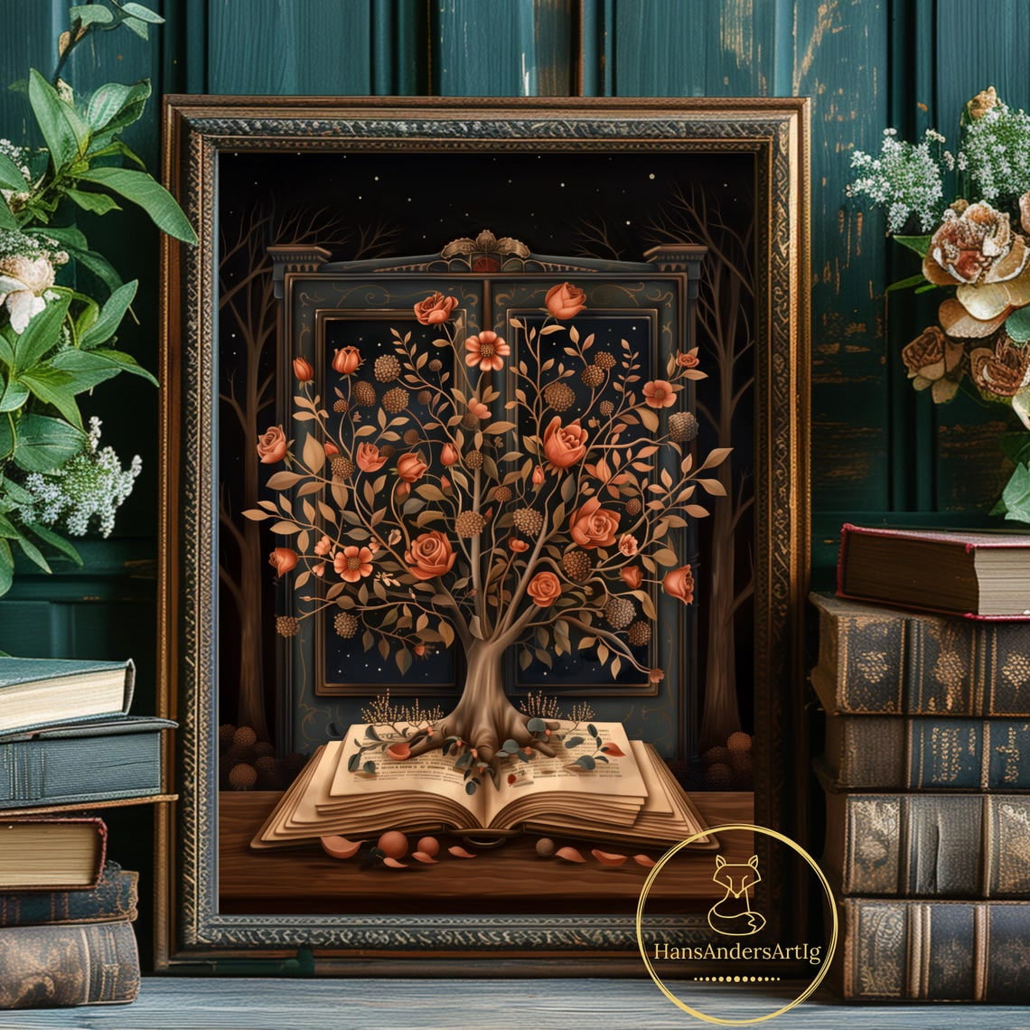Romantic Book Tree Poster Vintage Style Print Dark Academia Floral Wall ...