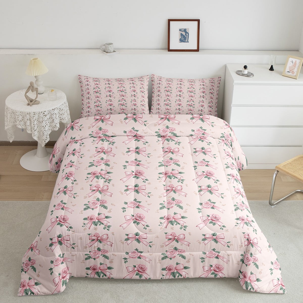 Romantic Bow Comforter Set Twin Size Pink Rose Flower Bedding Set ish ...