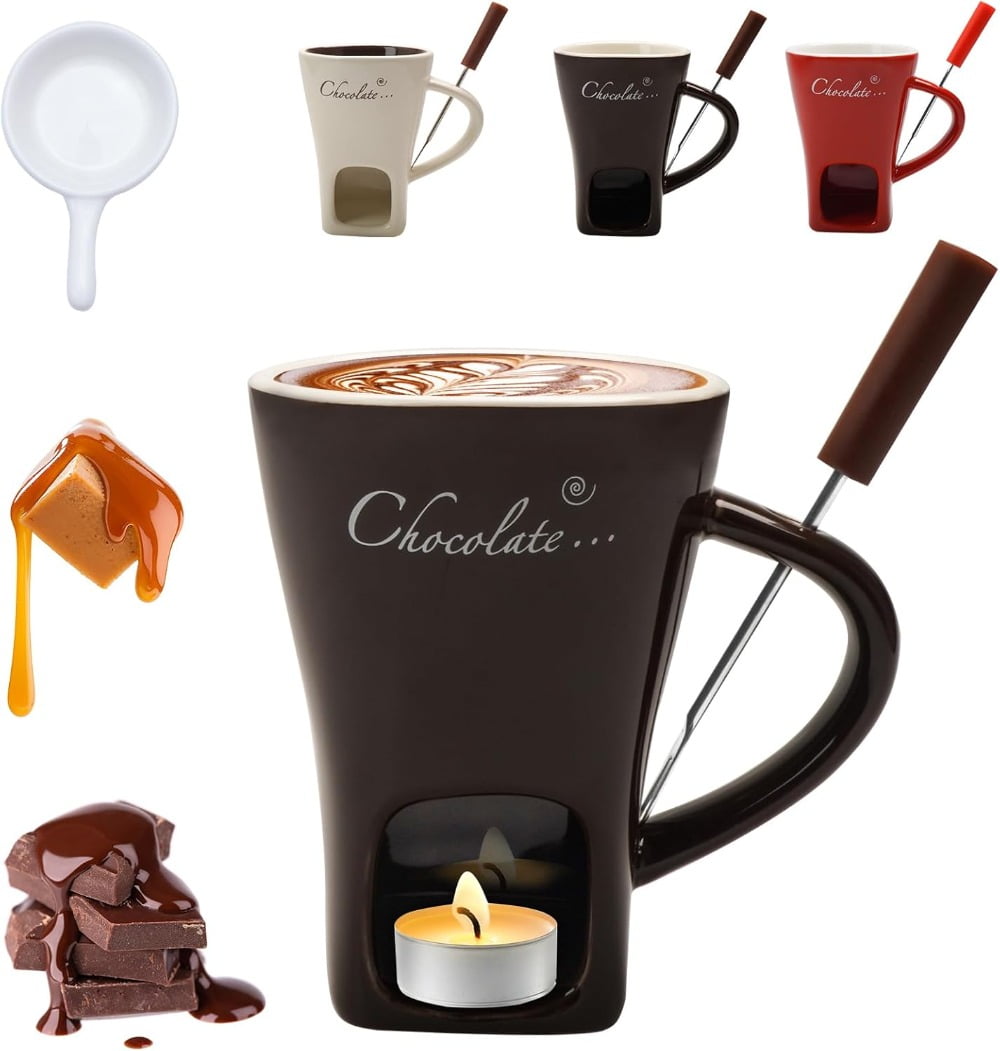 Romantic Ceramic Chocolate Fondue Set - 2 Mini Melting Cups with Forks ...