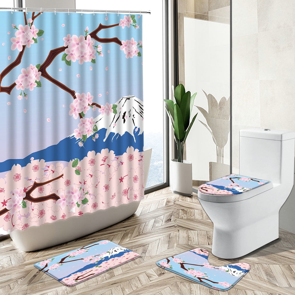 Romantic Cherry Blossom Shower Curtain Pink Flower Japan Mount Fuji ...