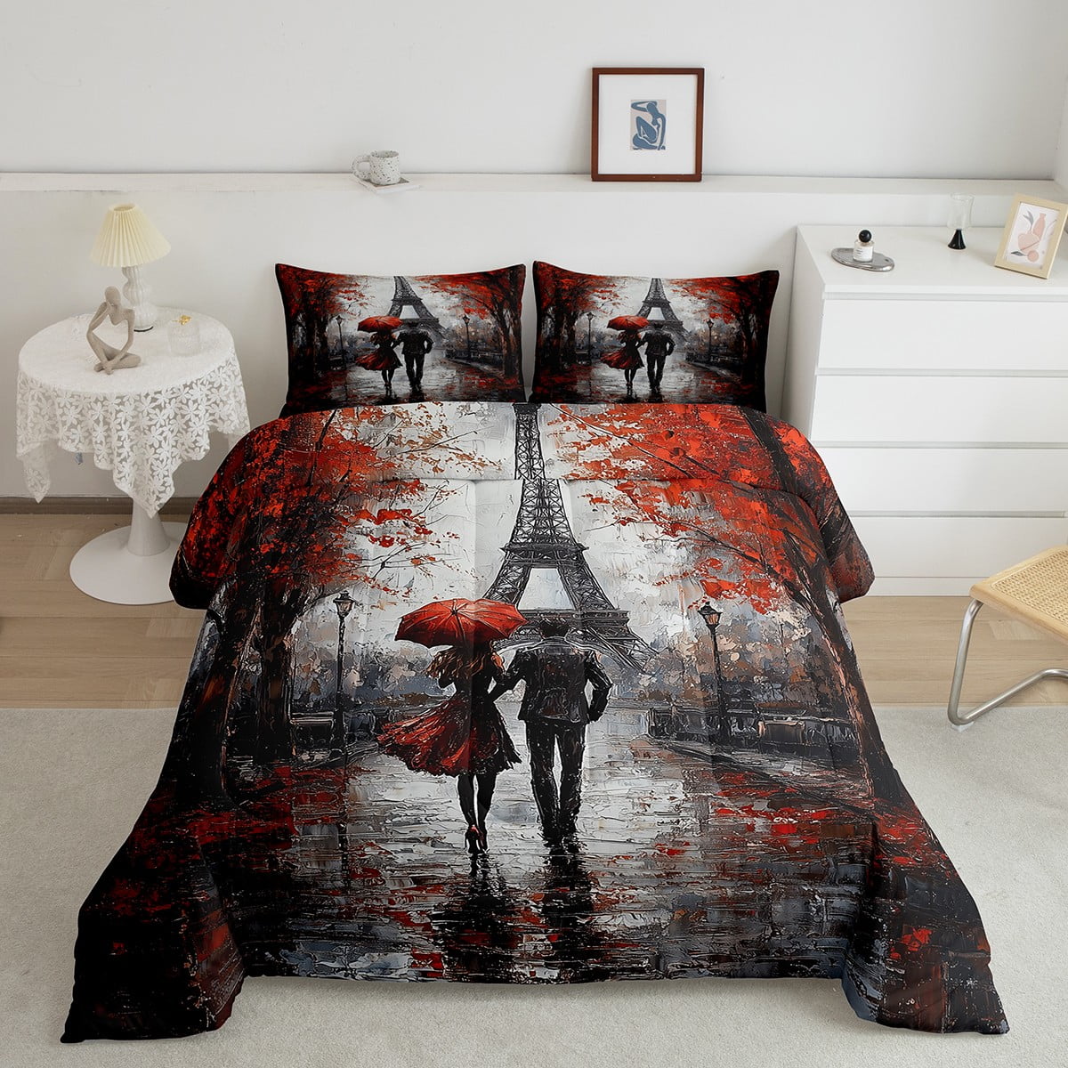Romantic Couple Comforter Set Full Size,Eiffel Tower Duvet Set Teens ...