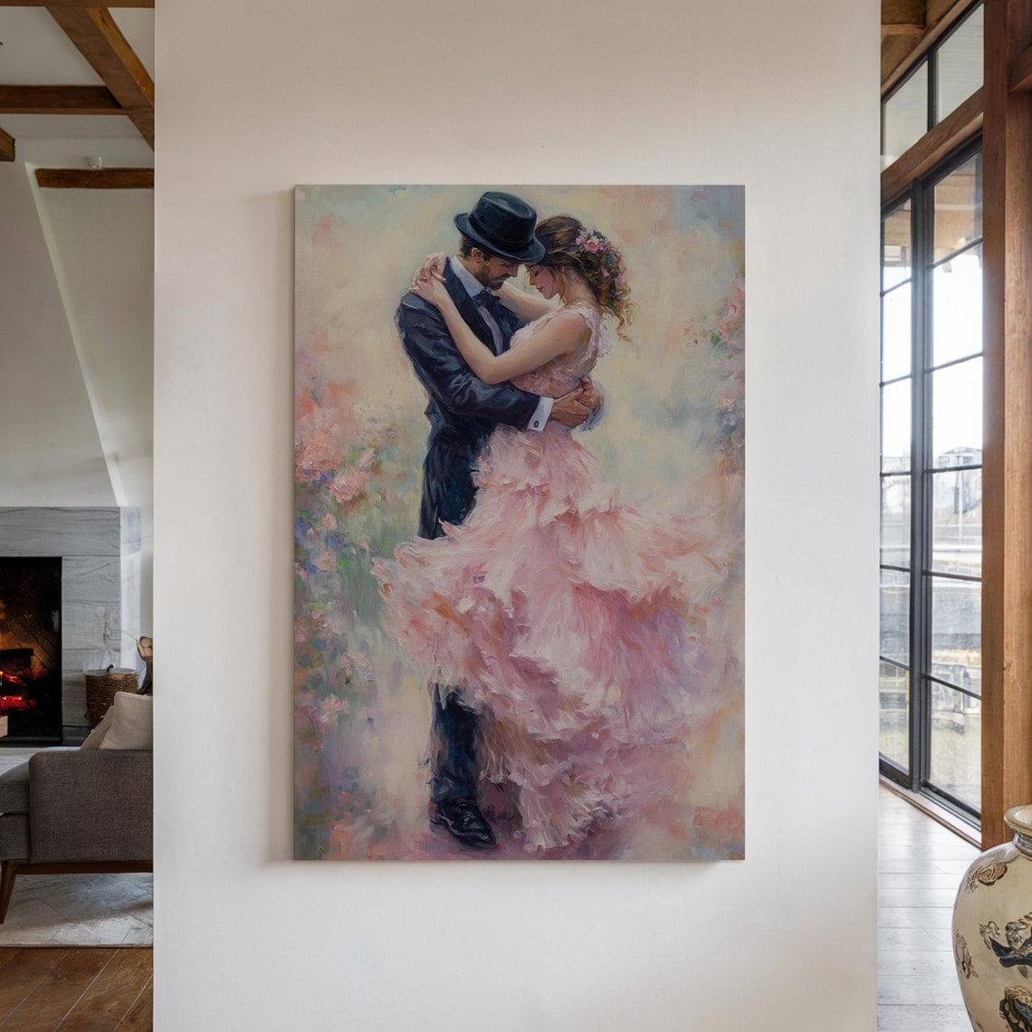 Romantic Couple Dancing In Elegant Attire With Flowing Pink Gown ...