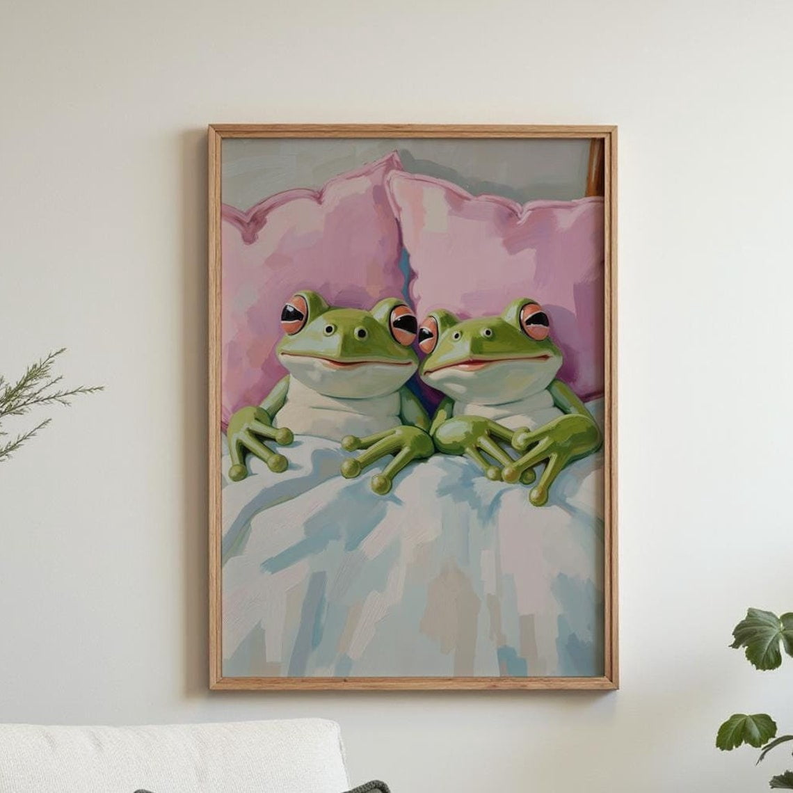 Romantic Couple Frog In Bed Poster, Vintage Frog Painting, Pastel Pink ...