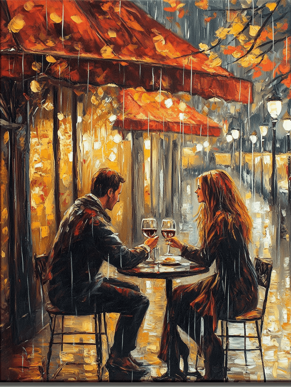 Romantic Couple Rainy Day Cafe Canvas Art Print， Perfect for Living Room， Bedroom， Dining Room ...