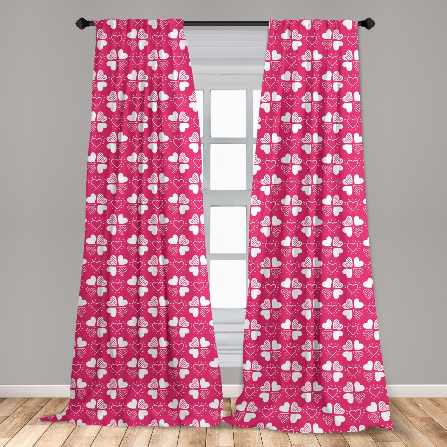 Romantic Curtains 2 Panels Set, Continuous Hand Drawn Hearts as Clover ...