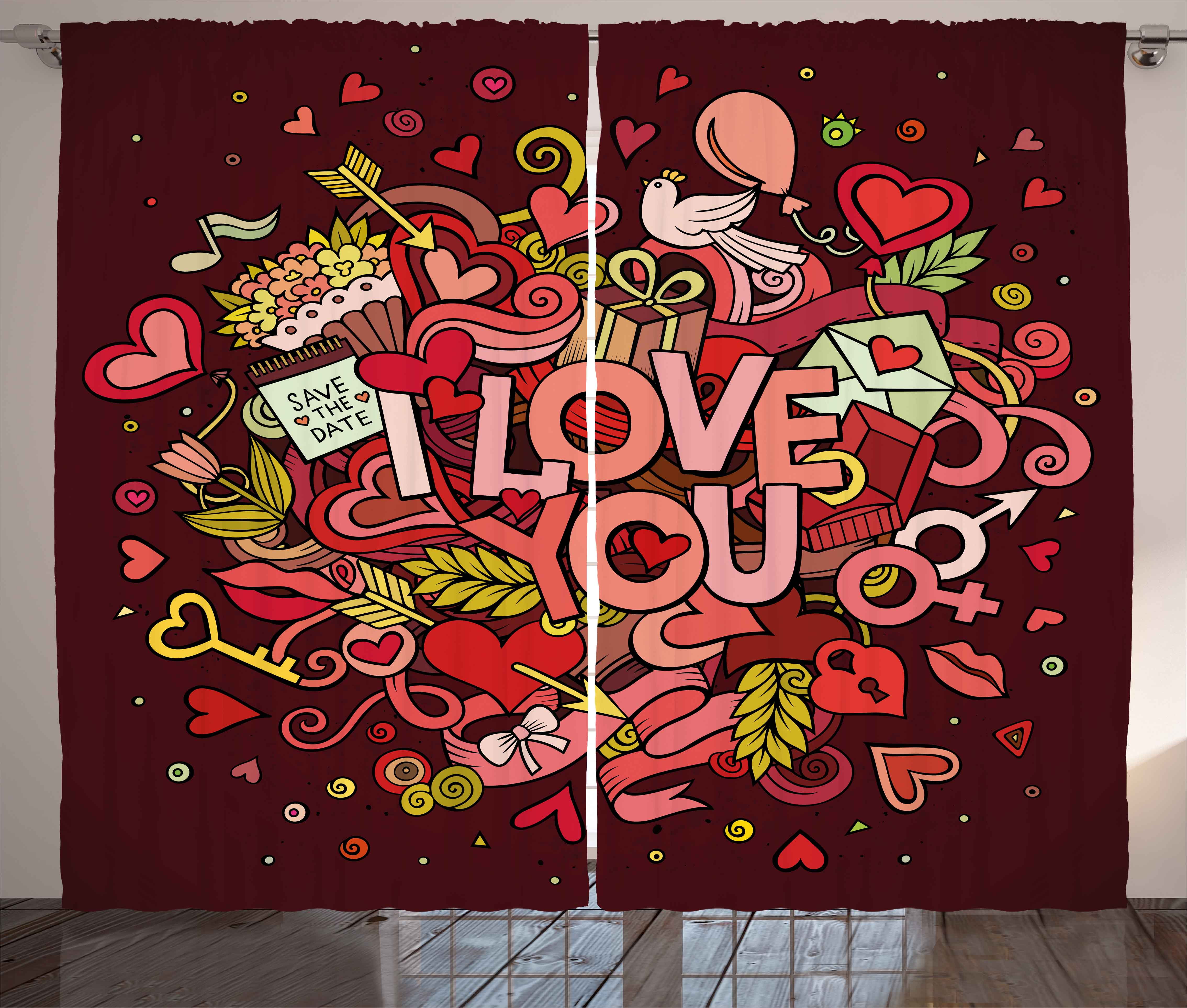 Ambesonne Valentine Curtains 2 Panel Set, Funky Hearts Arrows, 108" x ...