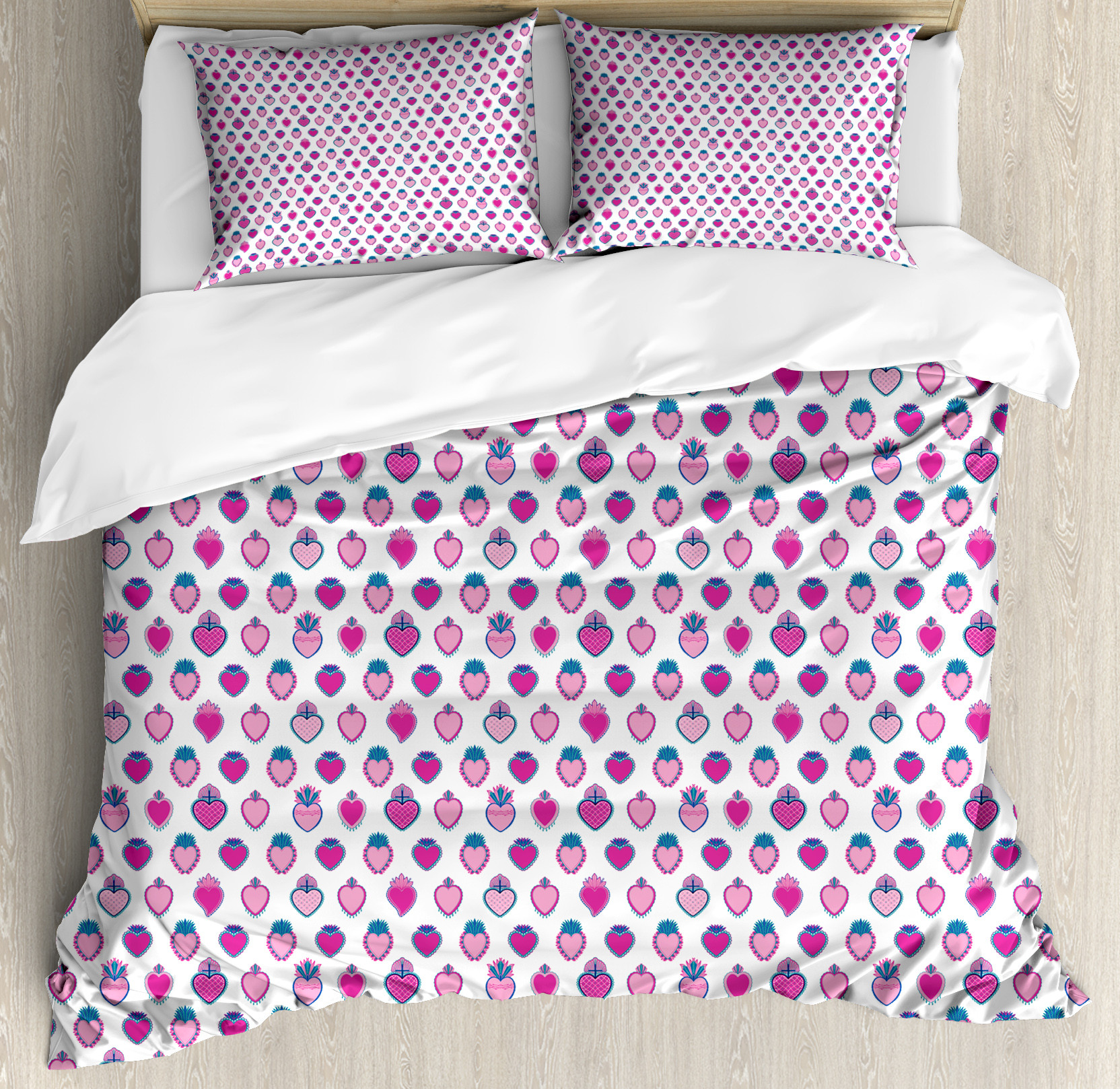 Romantic Duvet Cover Set, Flowering Hearts with Flourishing Leaves and ...