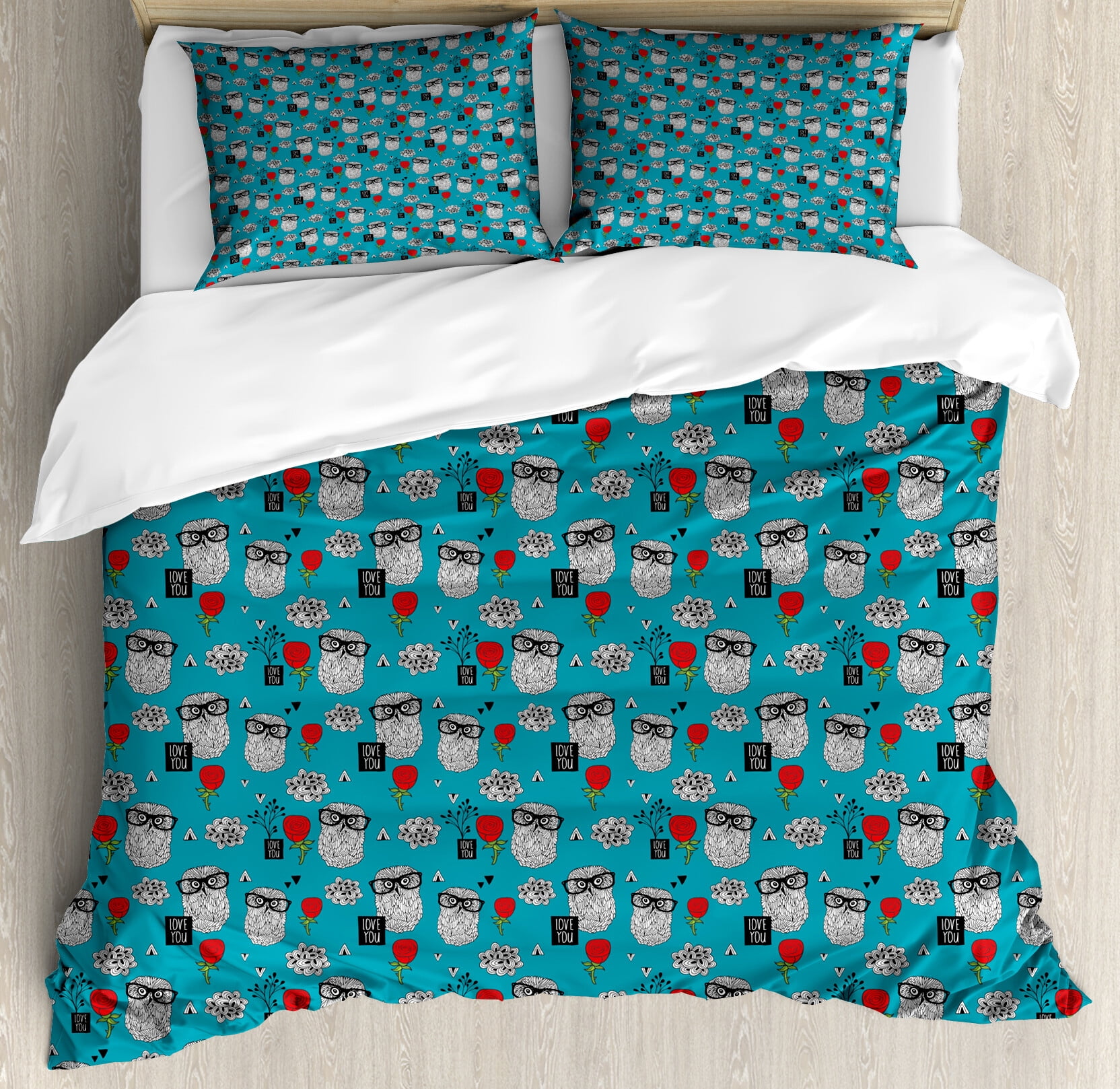 Romantic Duvet Cover Set, Smart Owls and Roses Motif with Cartoon ...