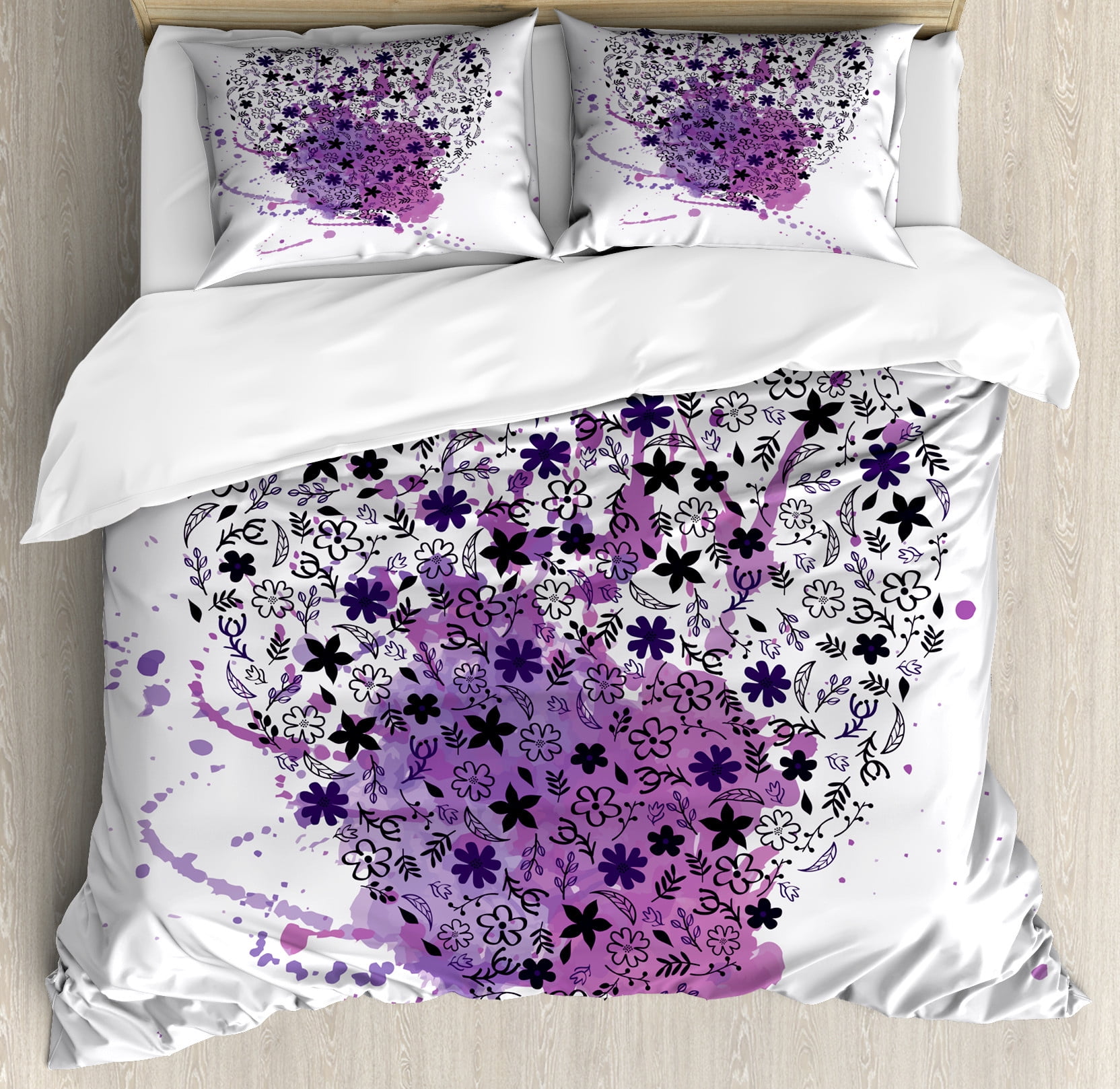 Romantic Duvet Cover Set, Watercolor Splashes Heart Sketch Valentine's ...