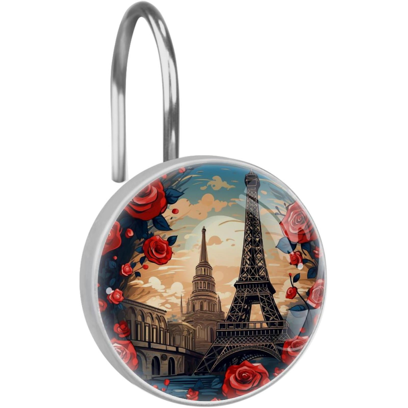 Romantic Eiffel Tower Red Heart Rolling Shower Curtain Hooks, Clear ...