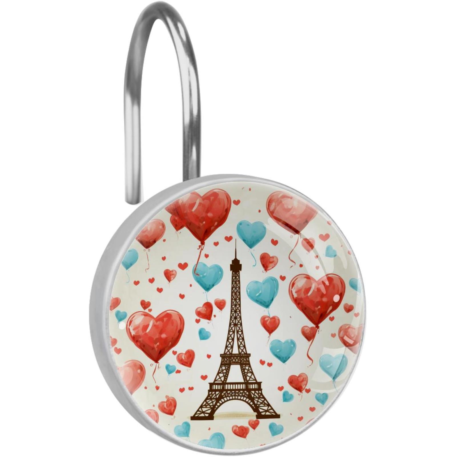 Romantic Eiffel Tower Red Heart Rolling Shower Curtain Hooks, Clear ...