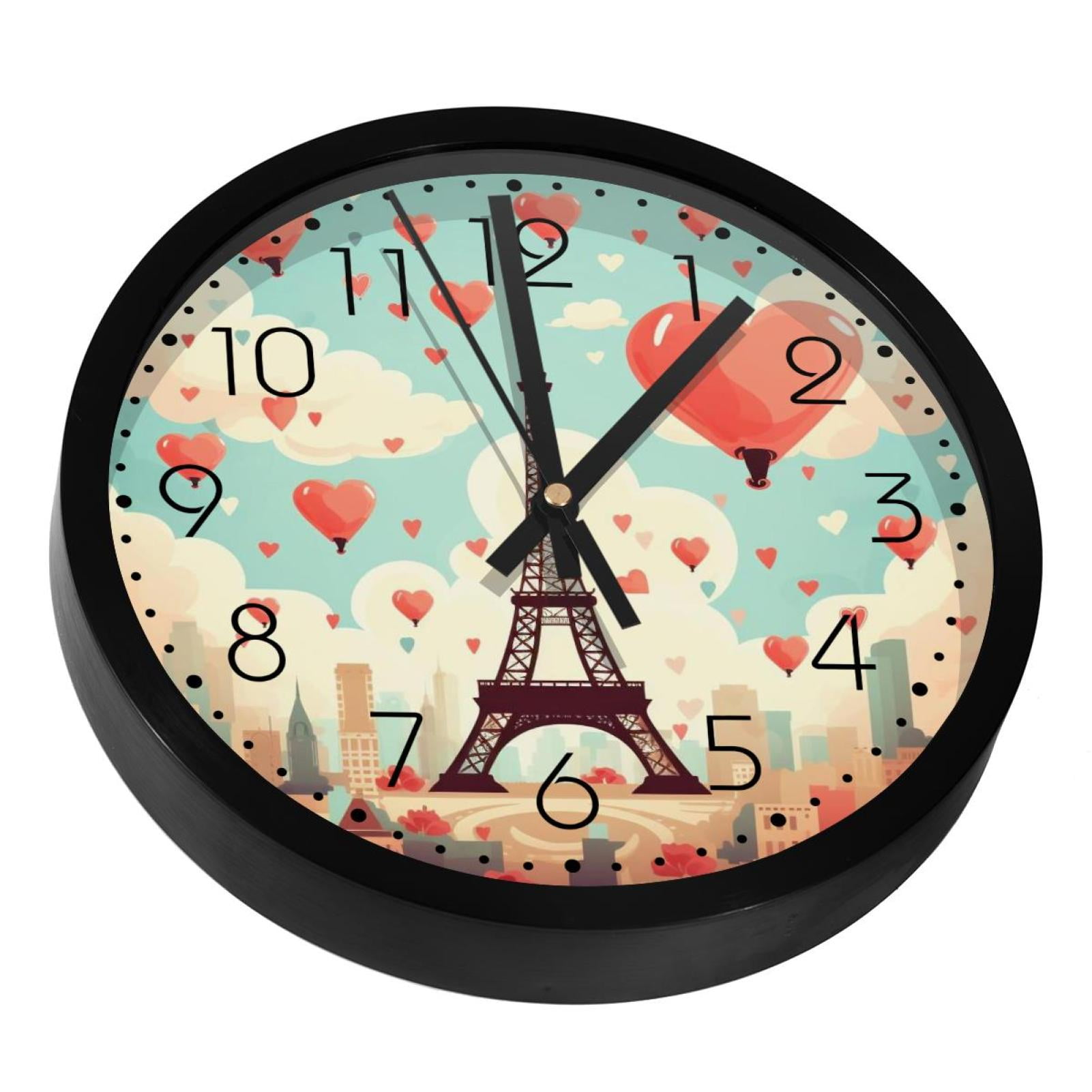 Romantic Eiffel Tower Red Heart Silent Wall Clock, Non Ticking Battery ...