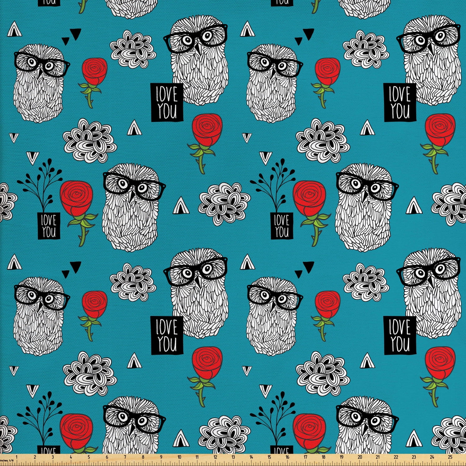Ambesonne Romantic Fabric by the Yard Upholstery, Smart Owls and Roses ...