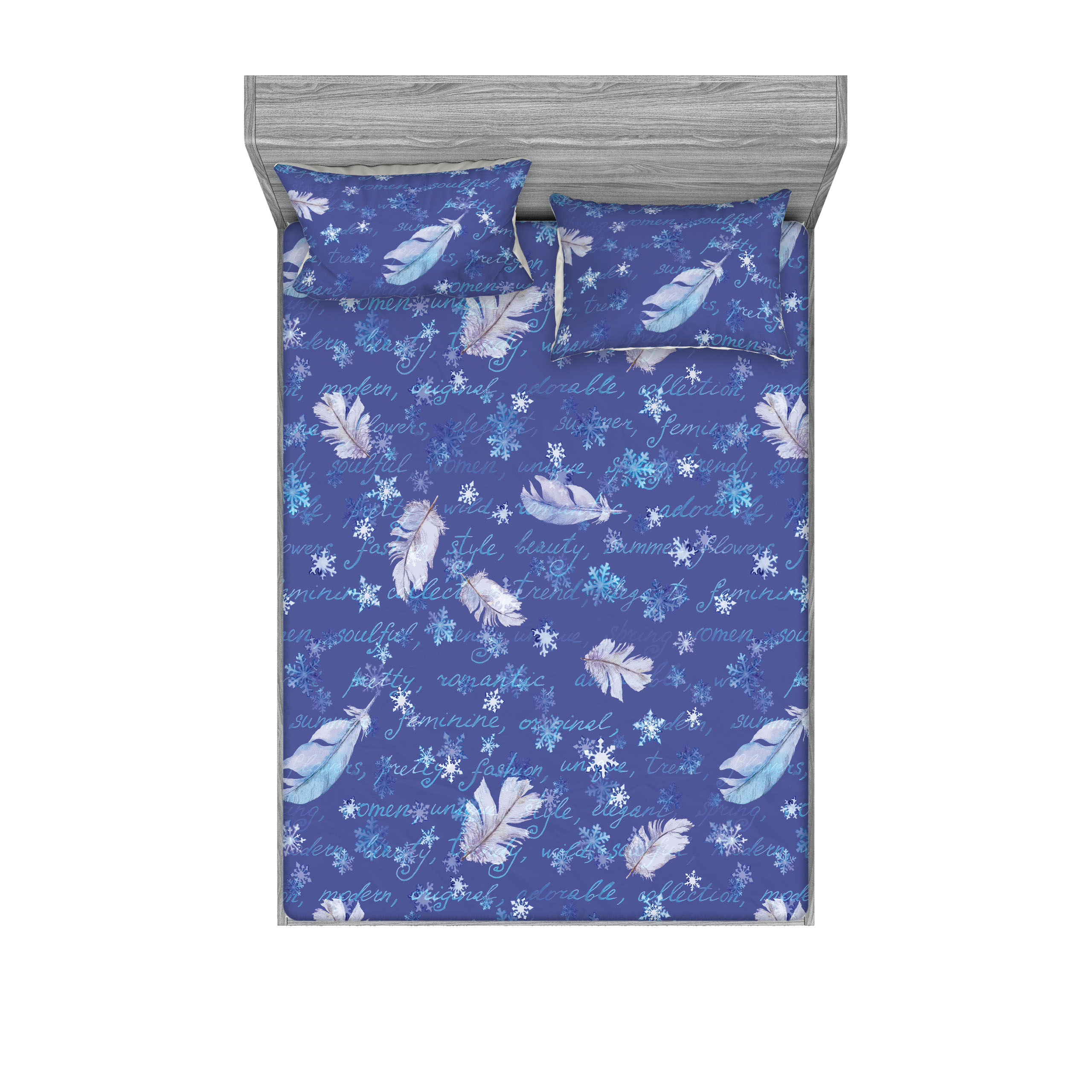 Romantic Fitted Sheet & Pillow Sham Set, Feather Pattern on Cursive ...