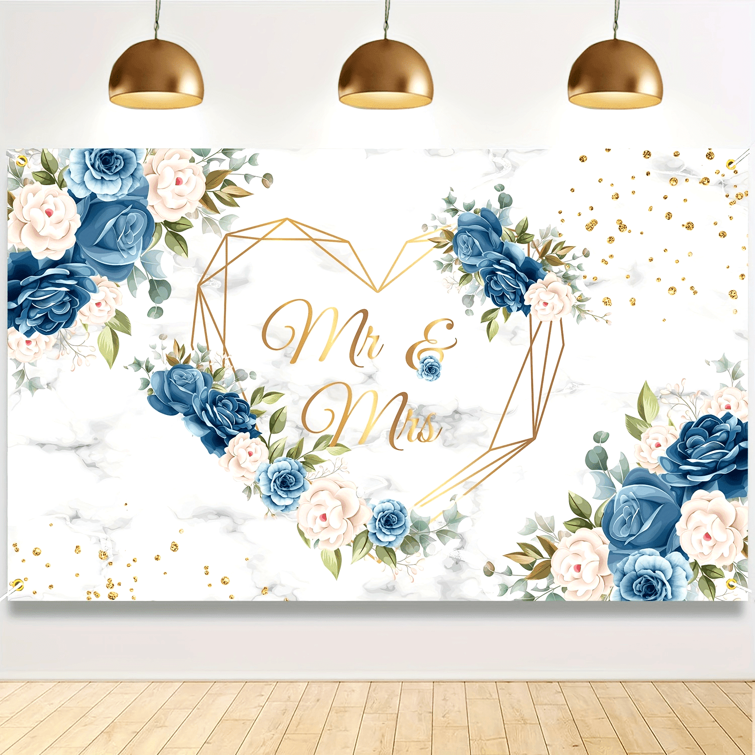 Romantic Floral Engagement Backdrop Mr and Mrs Blue and White Rose Flowers Greenery Gold Dots ...