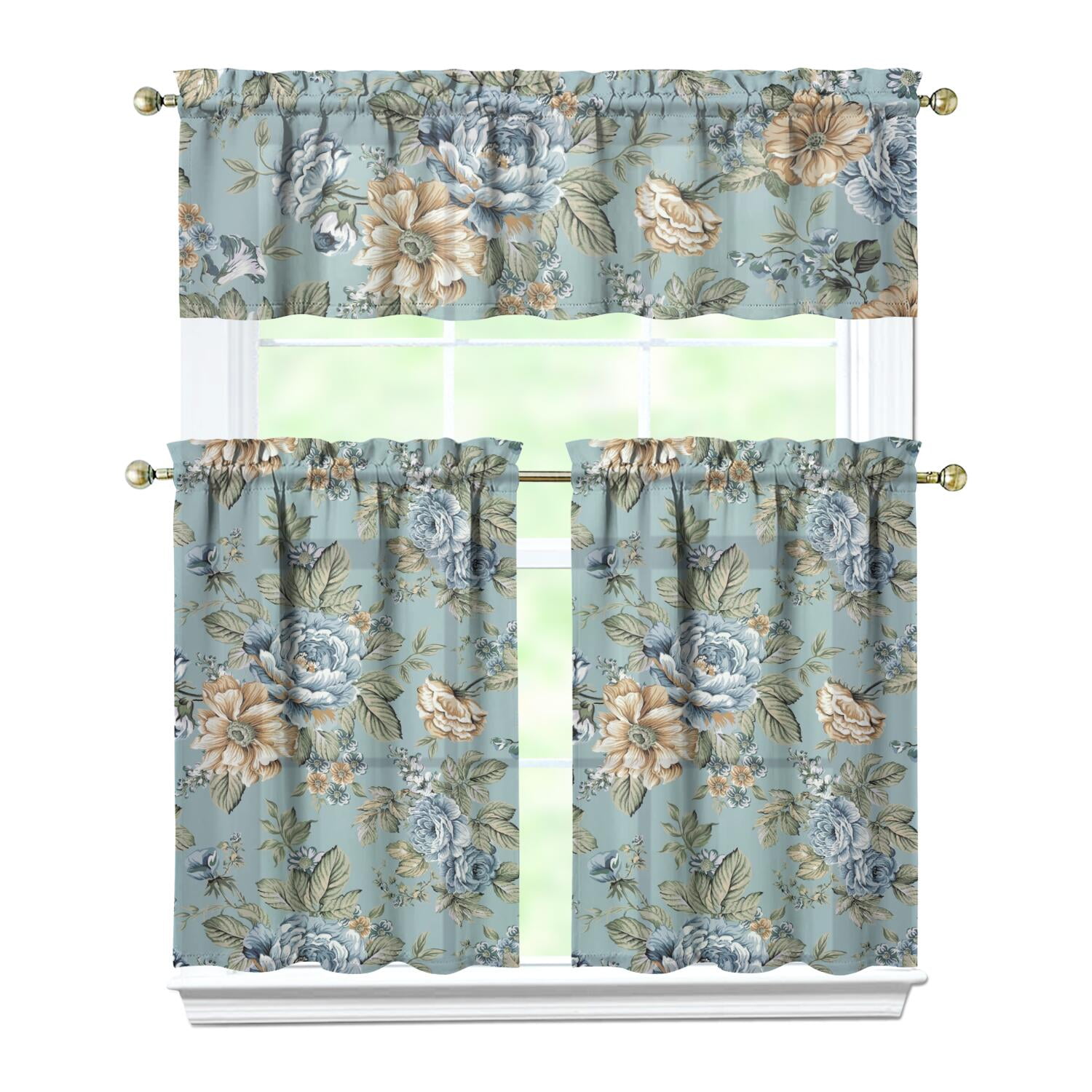 Romantic Floral Kitchen Curtains Set of 3 with Valance and Tier Panels ...