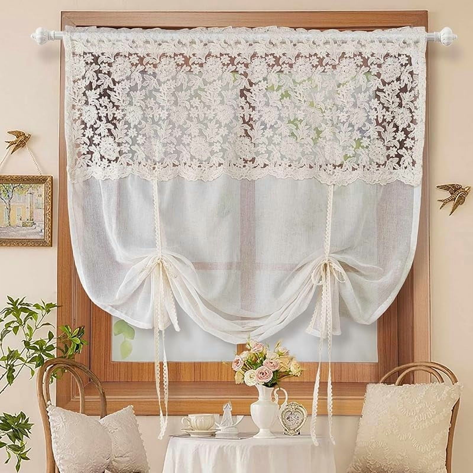 Romantic Floral Tie Up Curtains for Small Window Elegant Lace Balloon ...