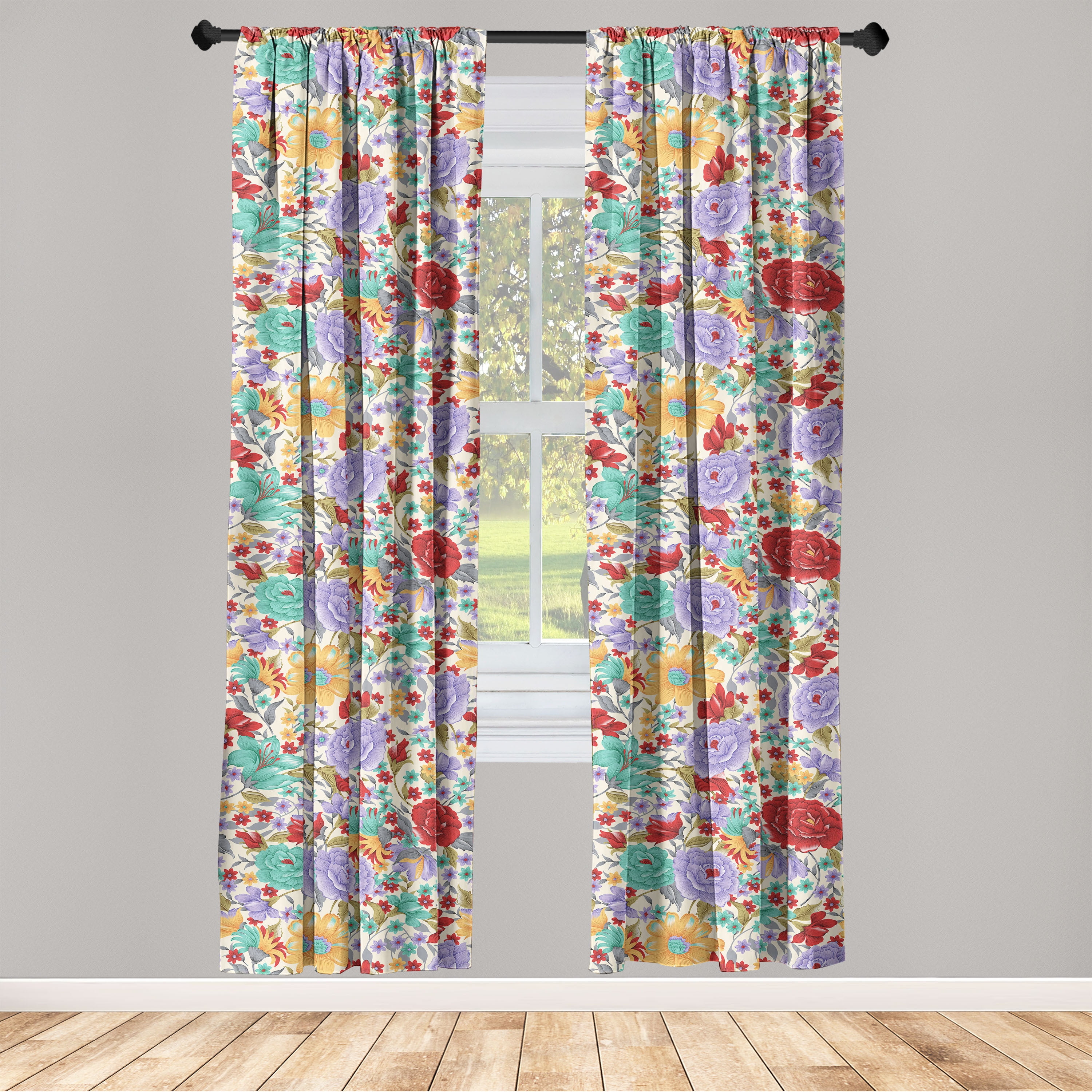 Romantic Flowers Window Curtains, Colorful Dreamy Blooming Flowers with ...