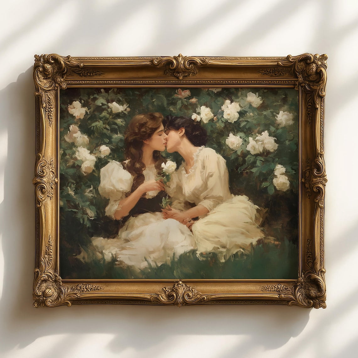Romantic Garden Kiss Art Print, Vintage Women Lovers, Cottagecore ...