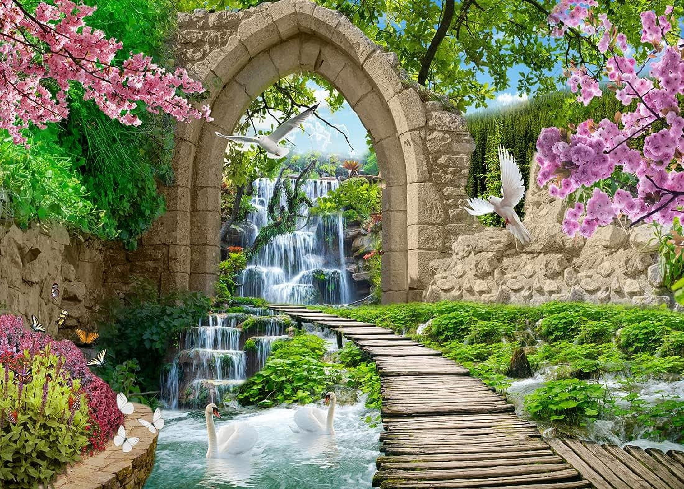 Romantic Garden Nice Backdrop Mountain Waterfall Blooming Cherry ...