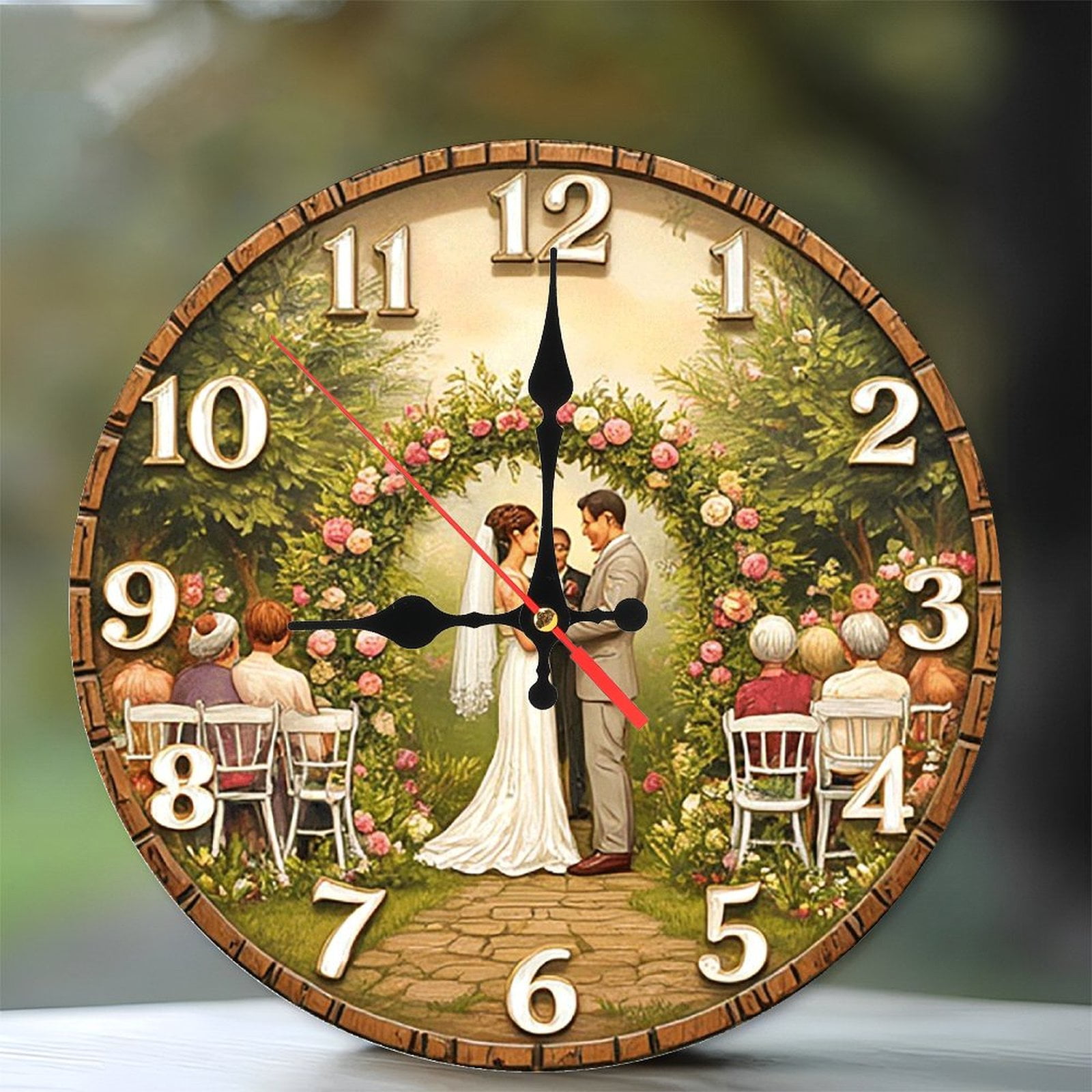 Romantic Garden Wedding Clock Wall Decor 10-Inch Silent Wooden Wall ...