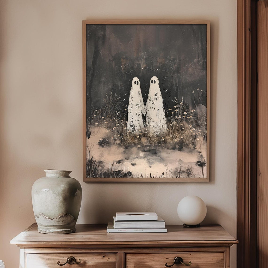 Romantic Ghost Couple In Flower Field Print, Cute Ghost Vintage Poster ...