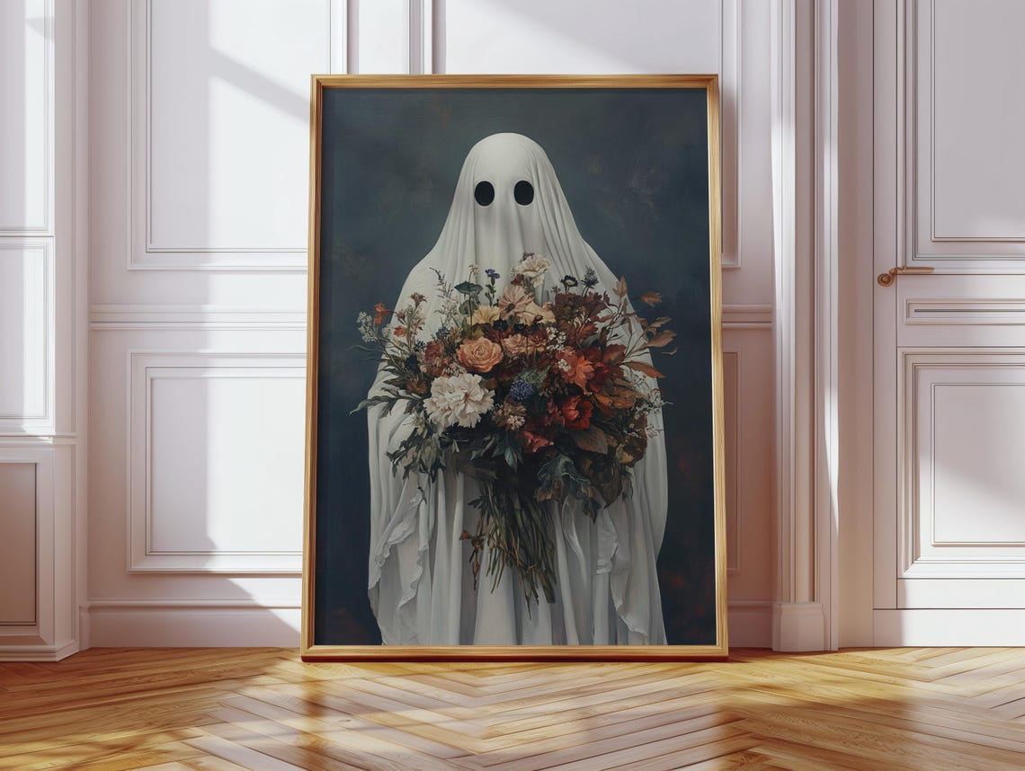 Romantic Ghost Holding Flowers Art Print – Gothic Floral Wall Decor ...