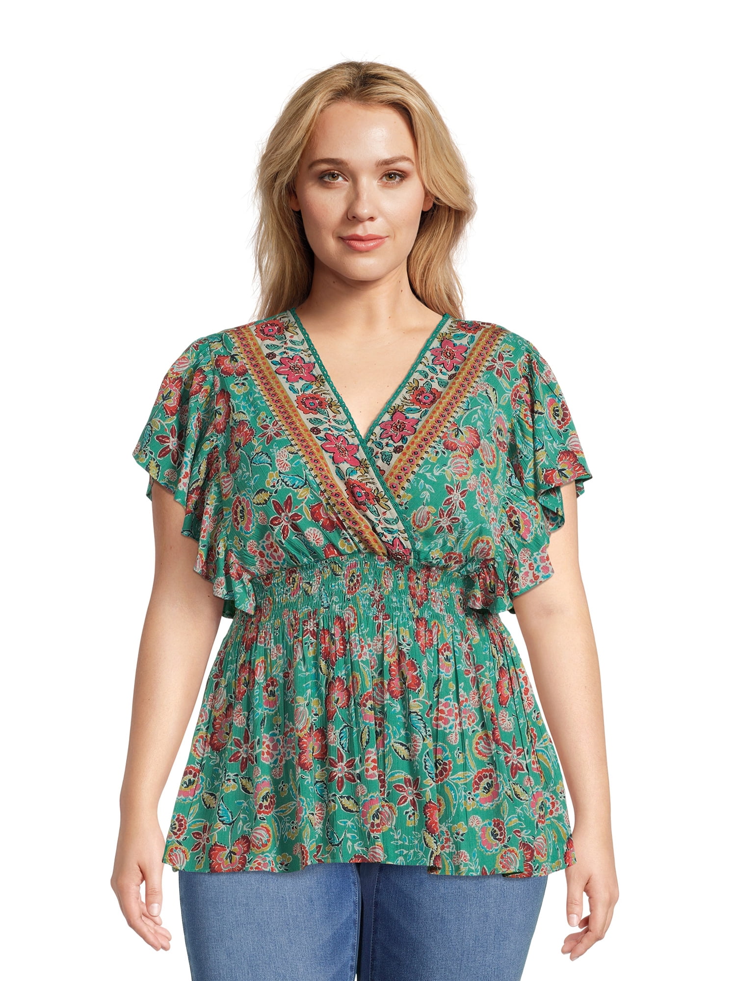 Romantic Gypsy Women's Plus Size Floral Flutter Sleeve V-Neck Top ...