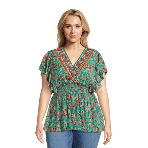 Romantic Gypsy Women's Plus Size Floral Flutter Sleeve V-Neck Top ...
