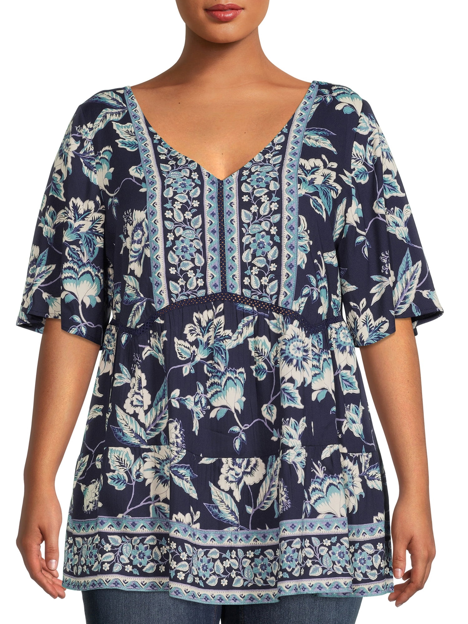 Romantic Gypsy Women’s Plus Size Lace Inset Top with Elbow-Length ...