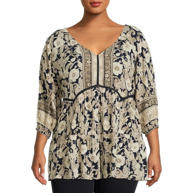 Romantic Gypsy Women's Plus Size Lace Inset V-Neck Top with Long ...