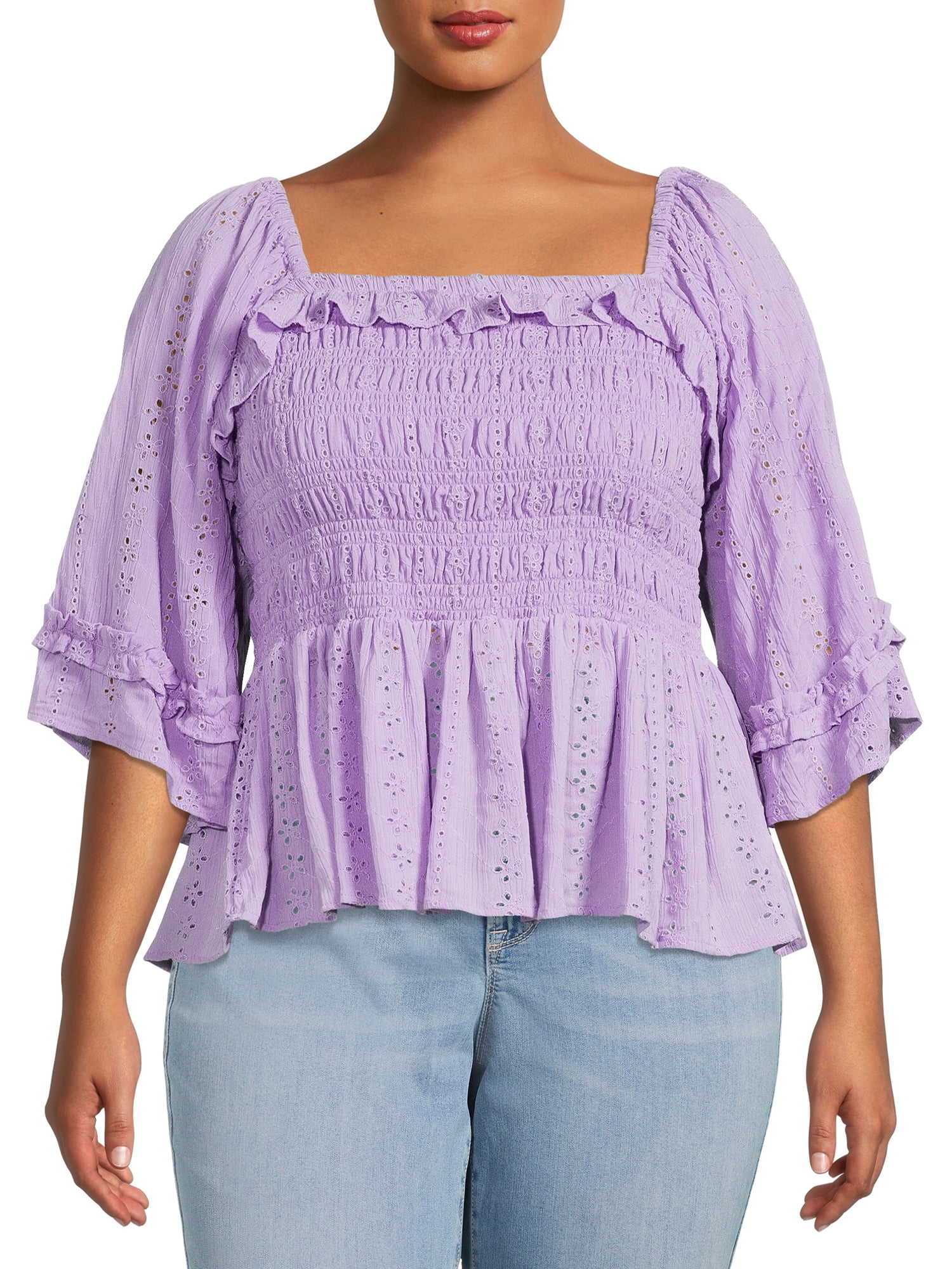 Romantic Gypsy Women's Plus Size Smocked Square Neck Top with 3/4 ...