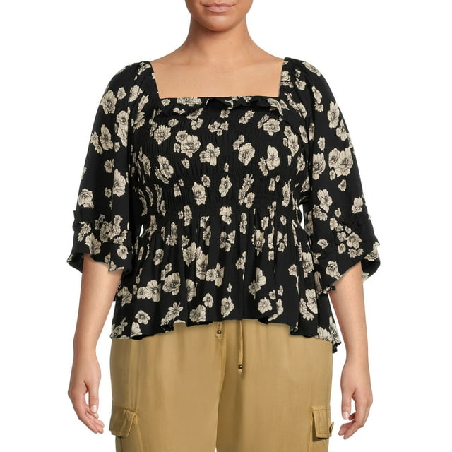 Romantic Gypsy Women's Plus Size Smocked Square Neck Top with 3/4 ...
