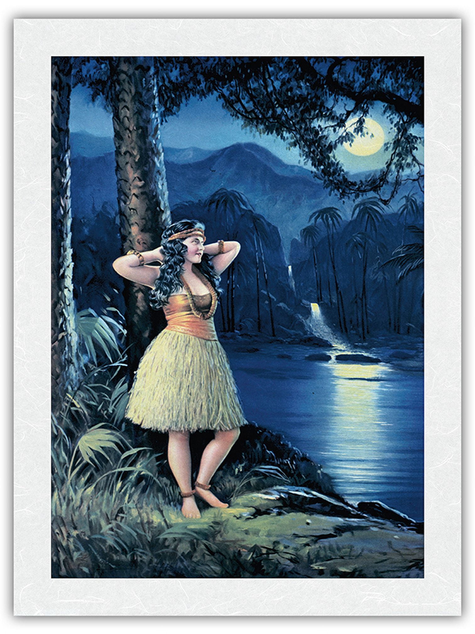 Romantic Hawaiian Hula Girl under a Full Moon - Vintage Pin Up Girl ...
