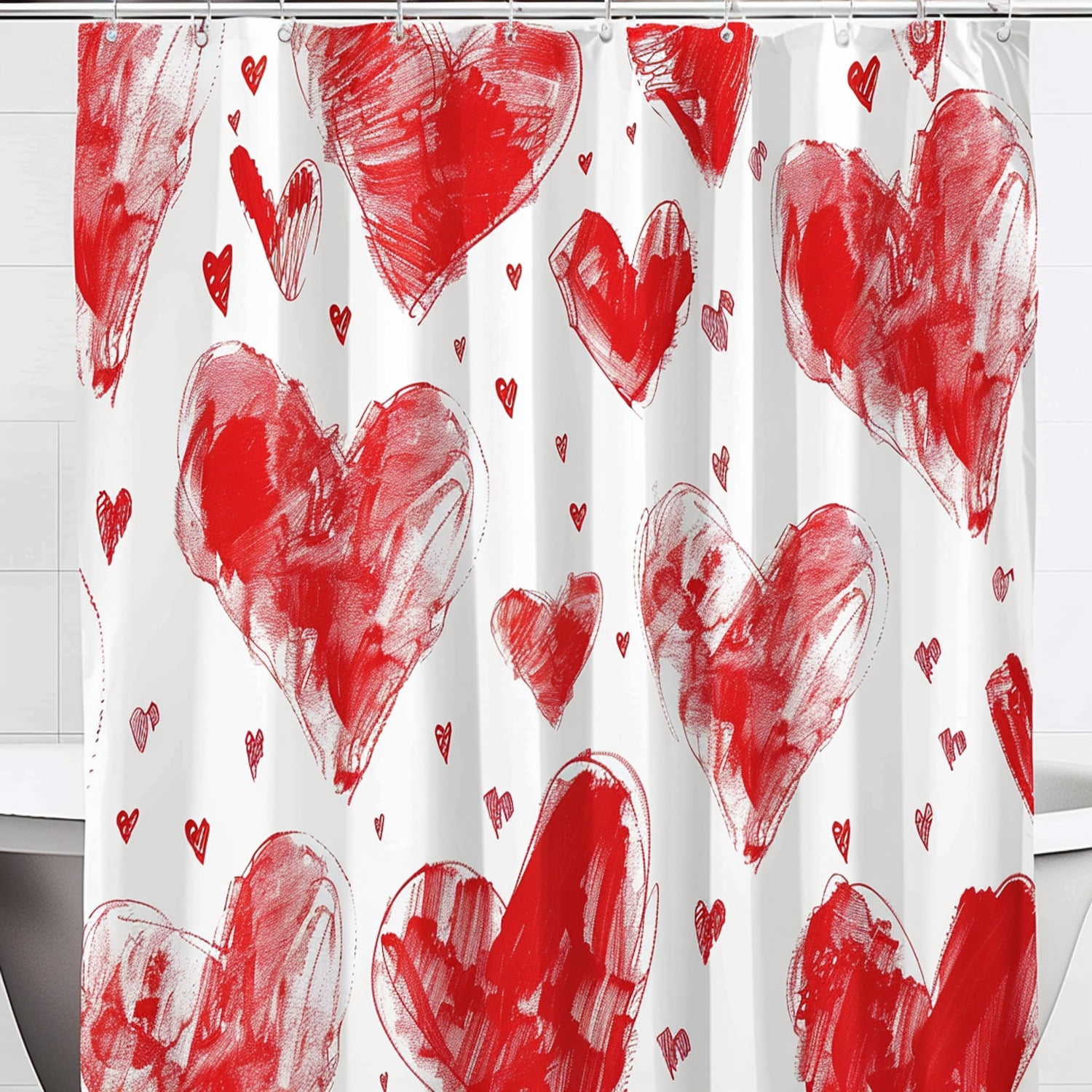 Romantic Heart Design Shower Curtain Red and White Love Theme Digital ...
