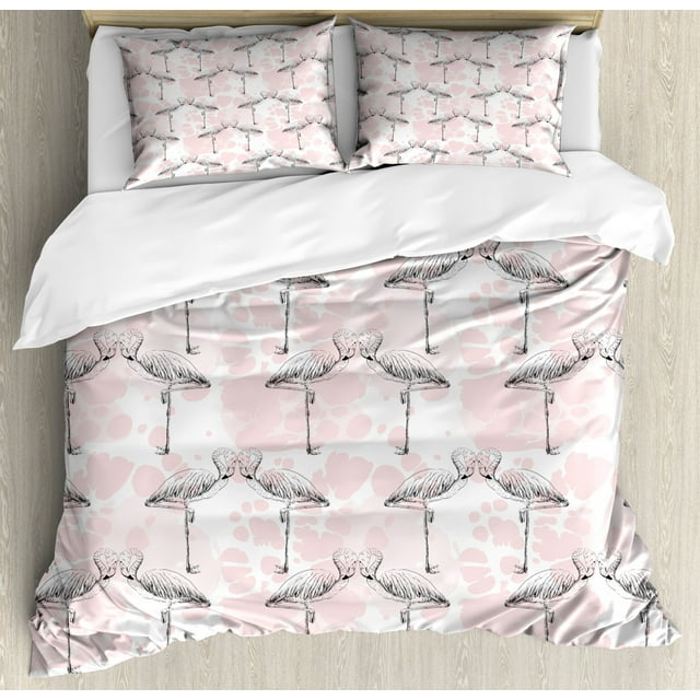 Romantic Duvet Cover Set, Flamingos Shaping Hearts Heads Love Animal Valentines Illustration ...