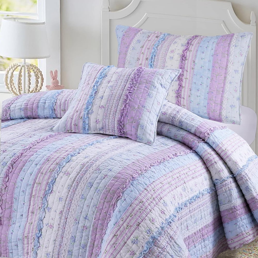 Romantic Lace Orchid Bedspread, Light Purple Print Stripe Cotton ...