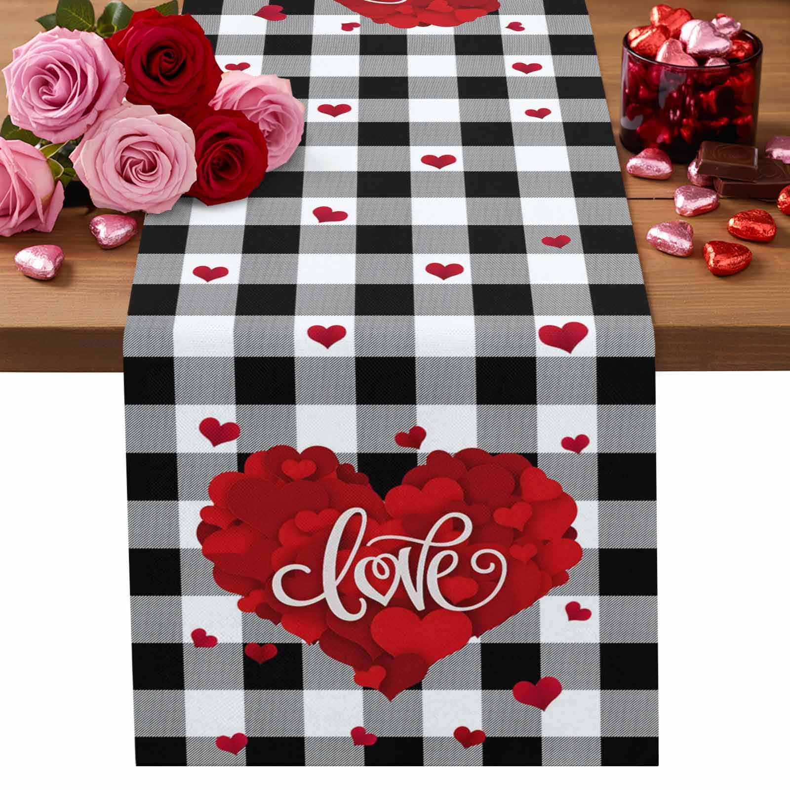 Romantic Love Heart Cotton Linen Table Runner Back White Buffalo Plaid ...