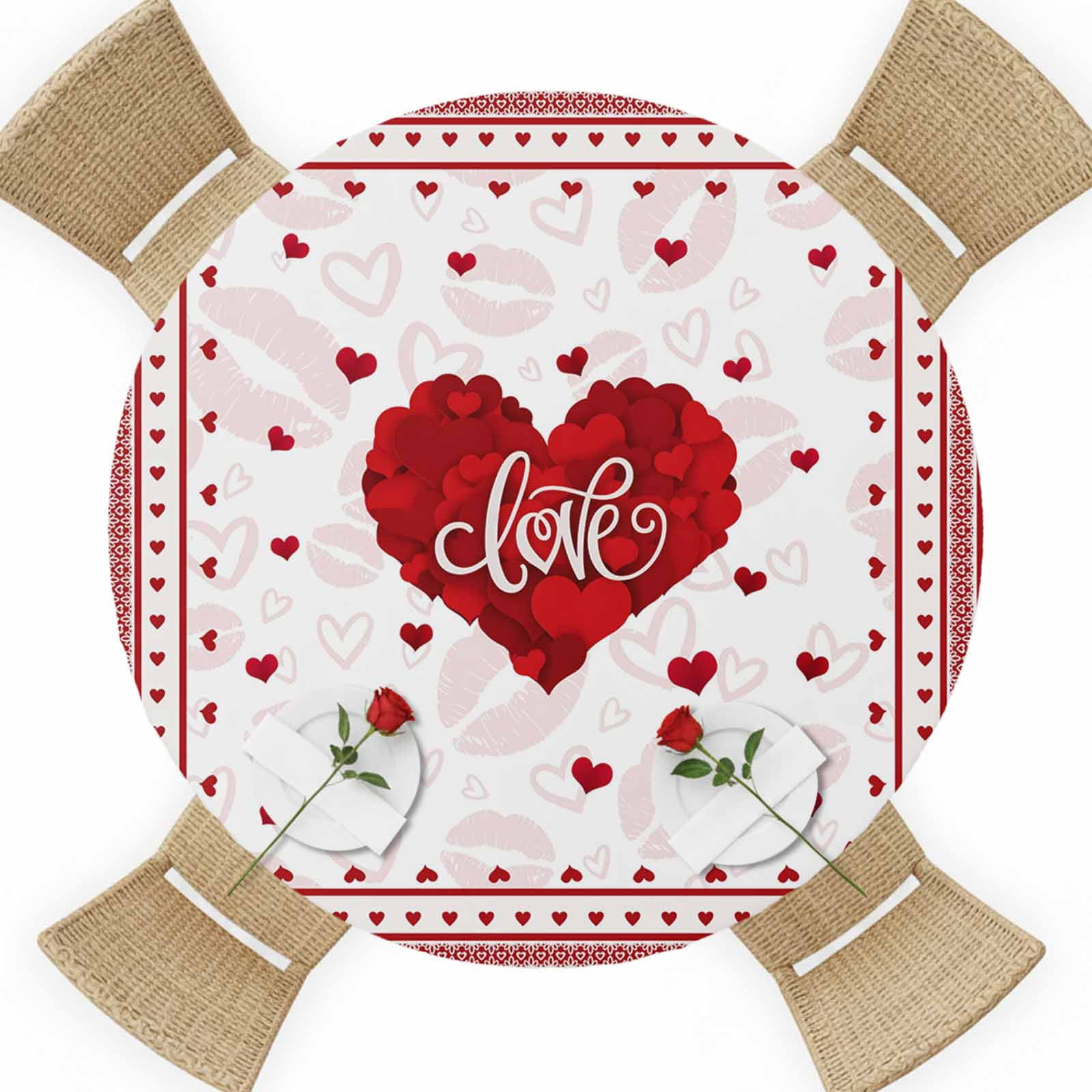 Romantic Love Heart Round Table Cover, Red Lips Red Boundary Waterproof ...
