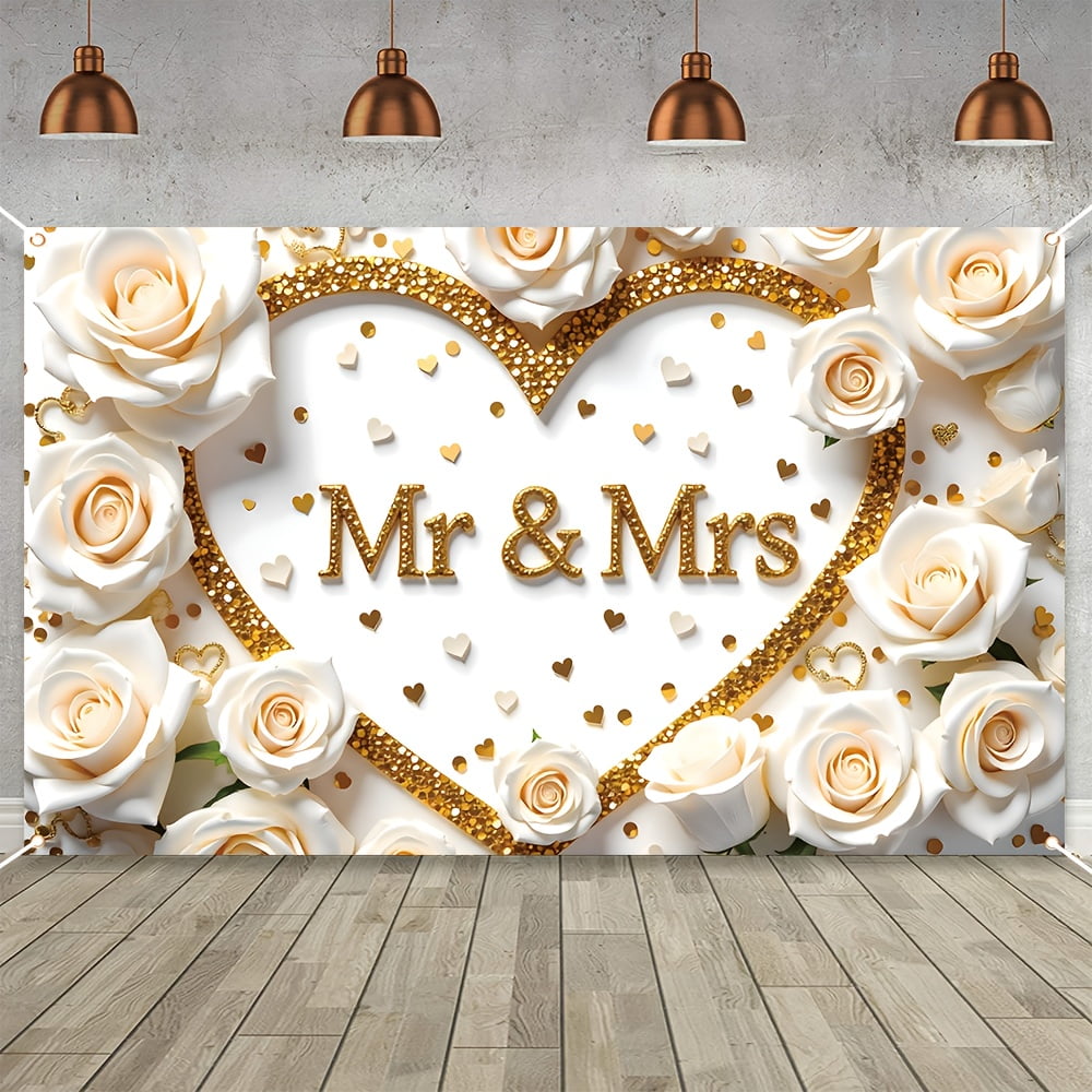 Romantic Mr & Mrs Heart-Shaped Wedding Backdrop, White Rose Polyester ...
