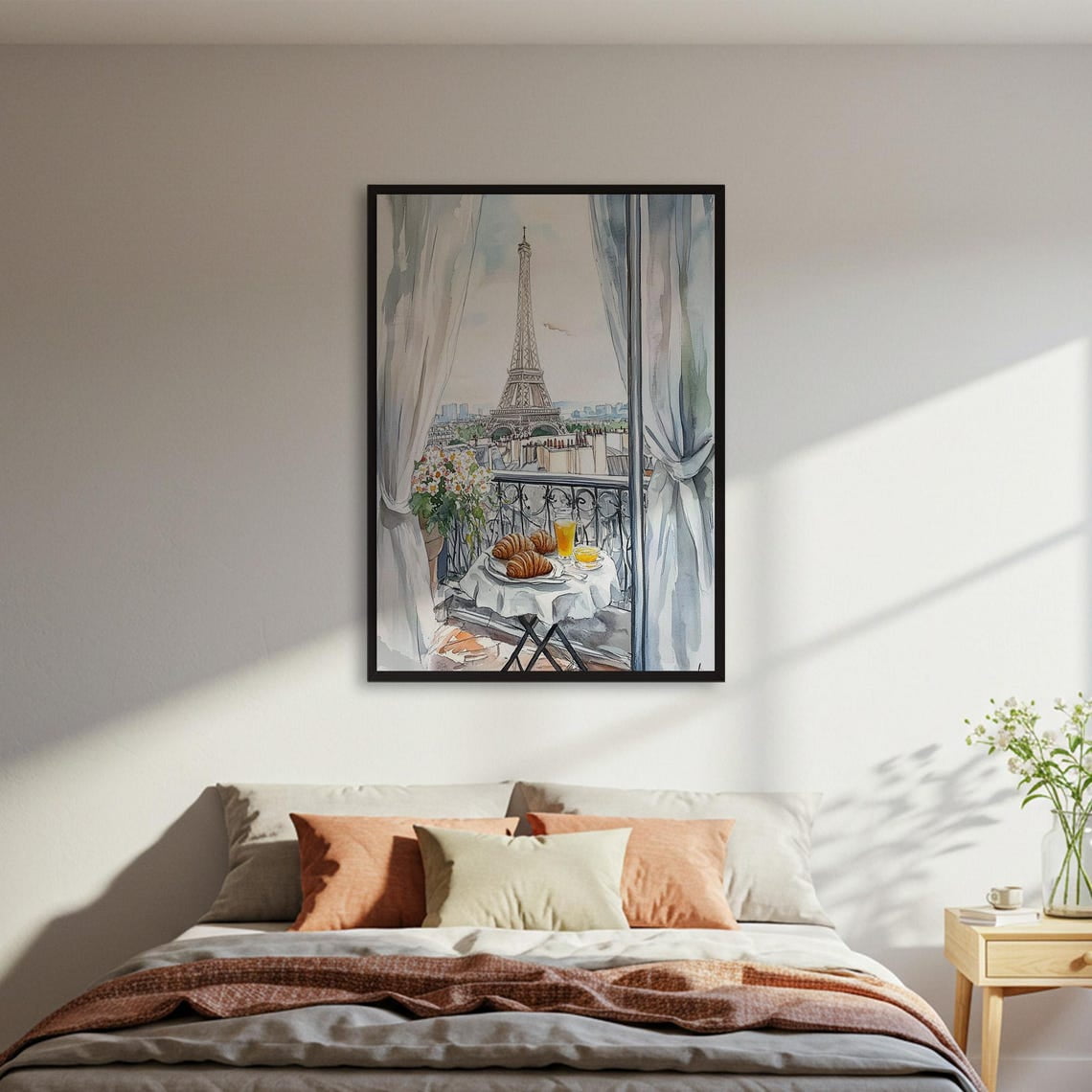 Romantic Paris Balcony Breakfast Poster, Eiffel Tower Watercolor Wall ...