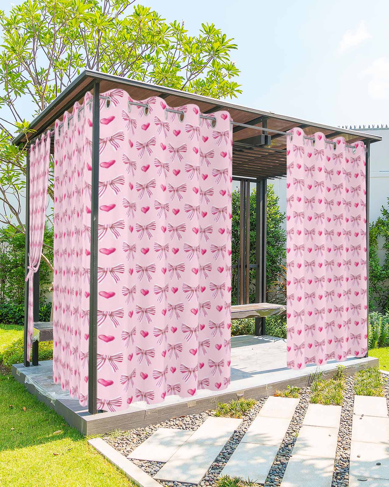 Romantic Pink Bow Outdoor Curtains for Patio, Love Vintage Preppy Art ...