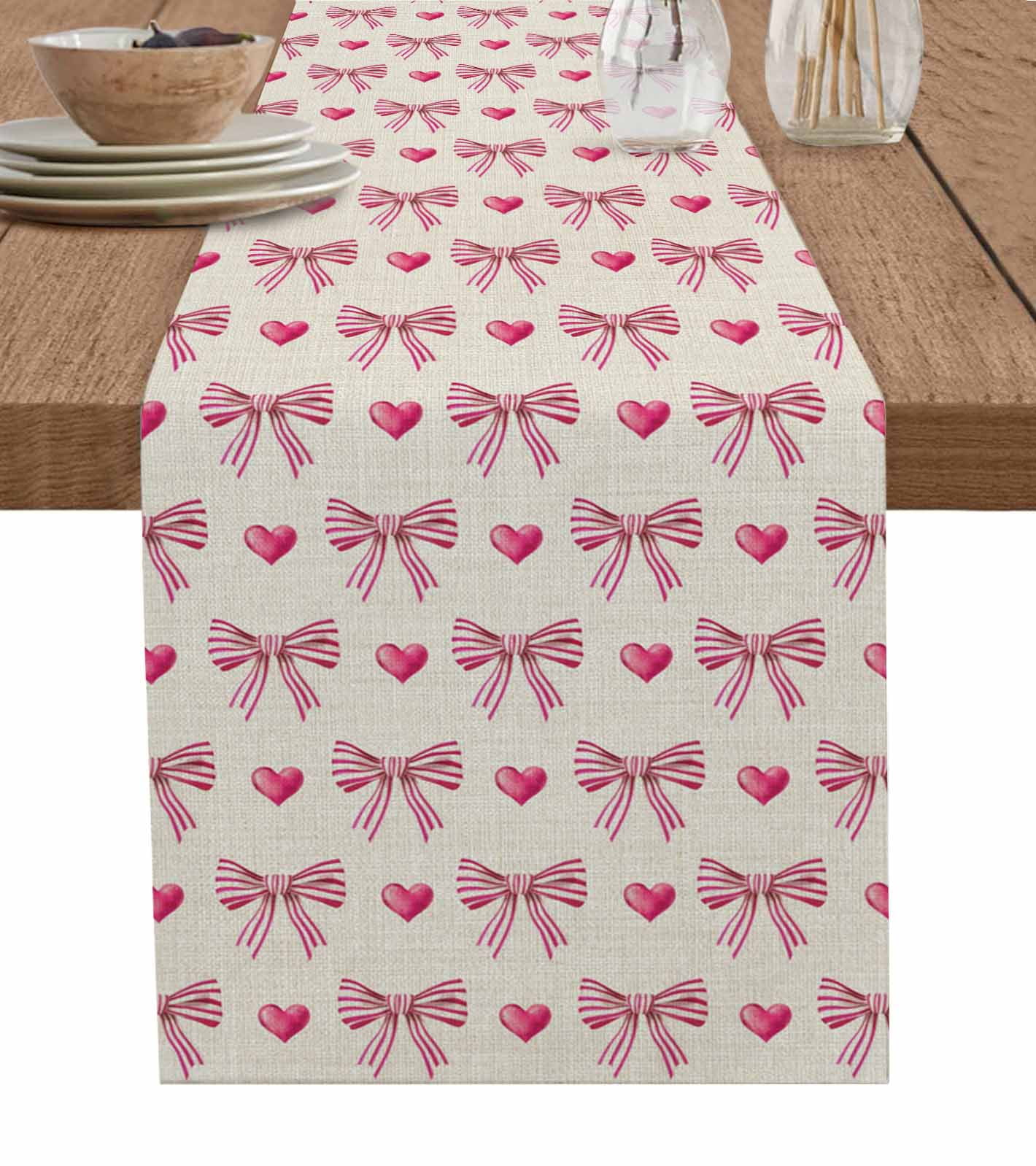 Romantic Pink Bow Table Runner 72 Inches, Heart Beige Simple Art ...