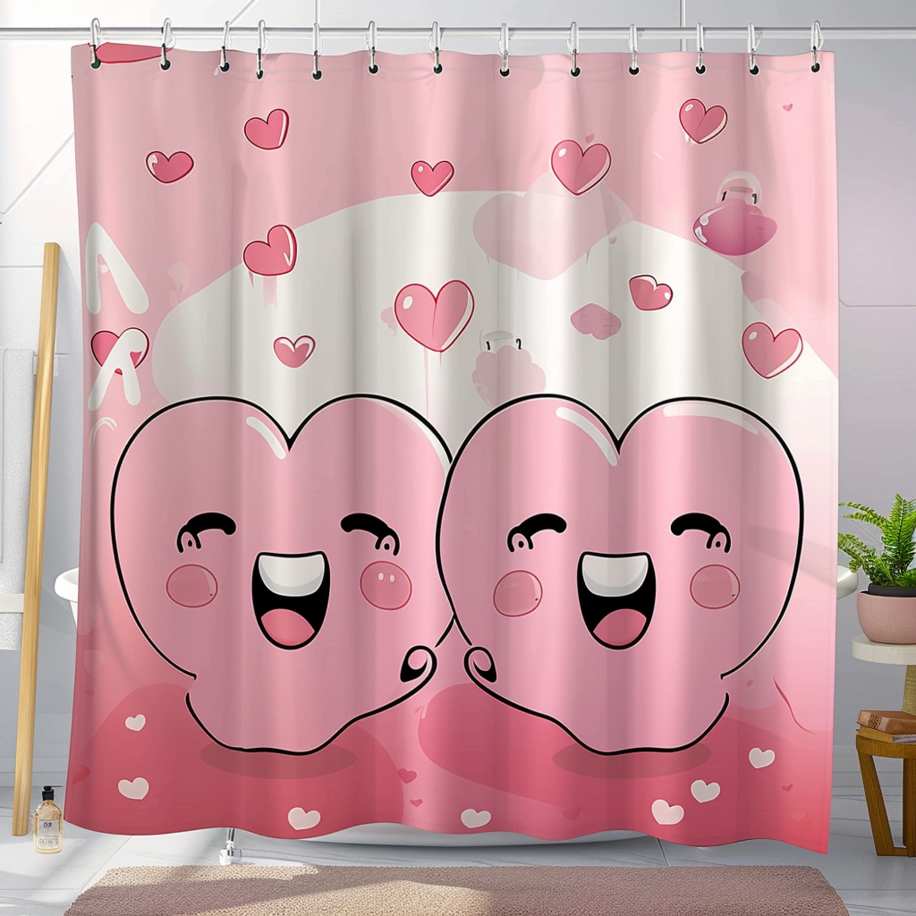Romantic Pink Heart Couple Cartoon Shower Curtain Lovely Love Themed